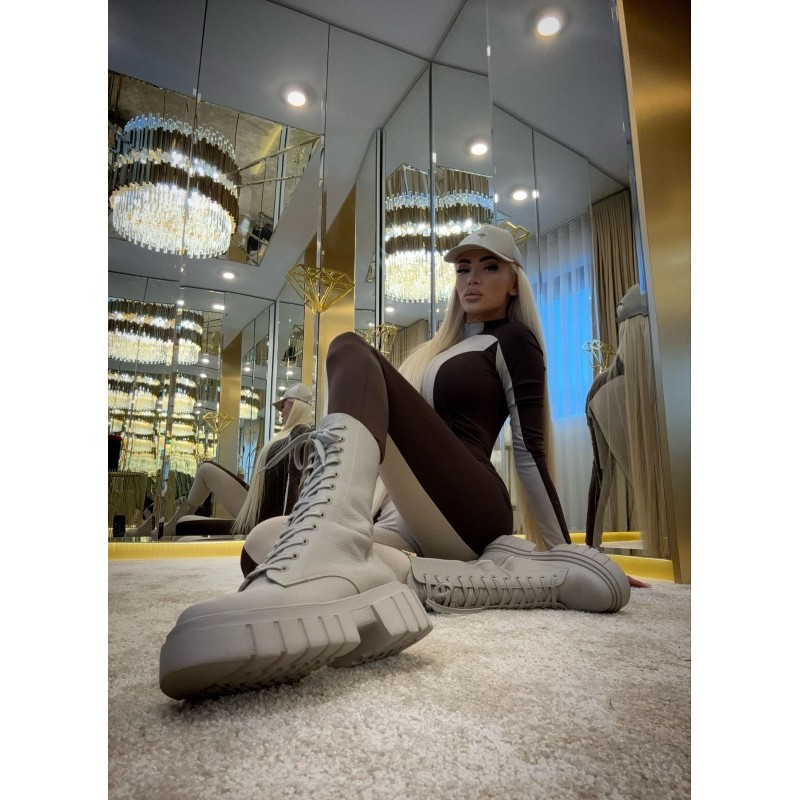 MAINE STONE - leather boots with massive sole in stone beige